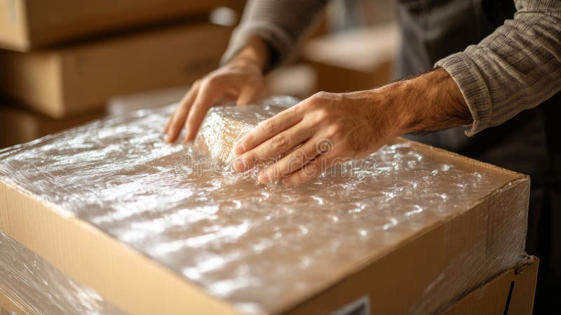 Hands Carefully Packing a Cardboard Box with Bubble Wrap Stock ...