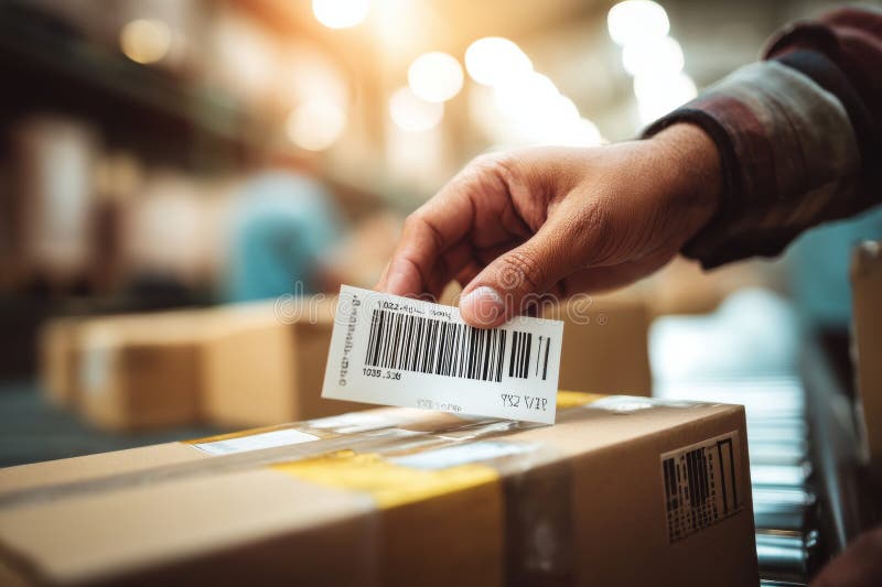 Hands Applying Barcode Label To Parcel in Busy Warehouse with Warm ...