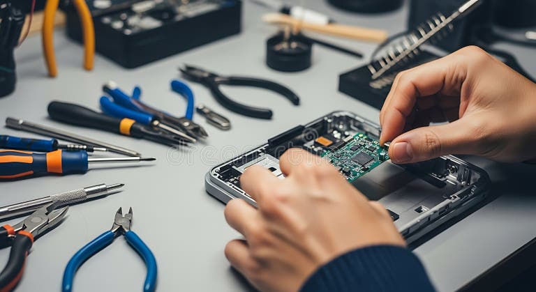 Assembling Electronic Device with Circuit Board on Workbench Stock ...