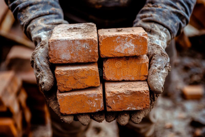Hands Carefully Placing Dusty Clay Bricks, Showcasing the Emphasis on ...