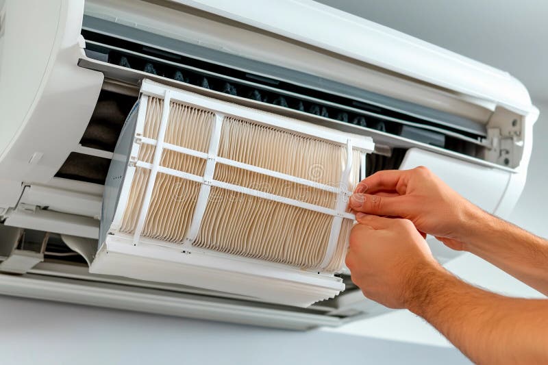 Hands Carefully Replace the Air Conditioner Filter during Home ...