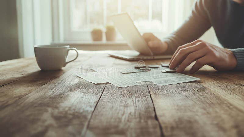 Sorting Bills and Coins with Coffee and Laptop on a Kitchen Table in a ...