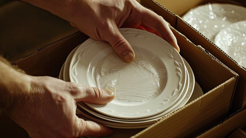 Hands Carefully Stacking Plates into a Cardboard Moving Box ...