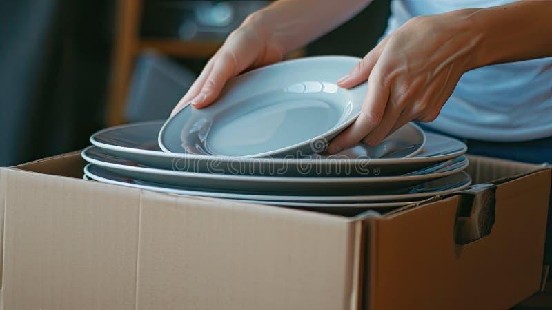 Hands Carefully Stacking Plates into a Cardboard Moving Box ...