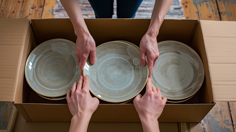 Hands Carefully Stacking Plates into a Cardboard Moving Box ...
