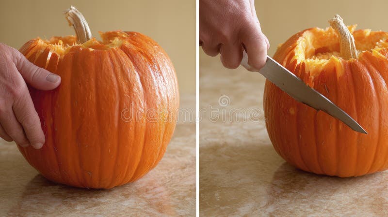 Hands Carving a Gleaming Orange Pumpkin Stock Illustration ...