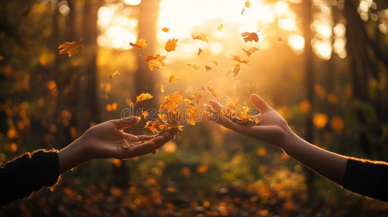 Hands Catching Autumn Leaves in Sunlight, Forest Setting Stock Photo ...