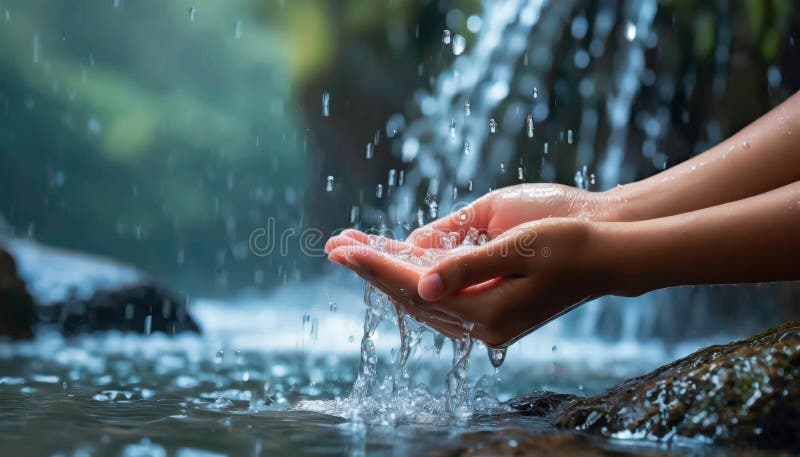 Hands Catching Fresh Waterfall Drops in a Natural Setting Stock Image ...