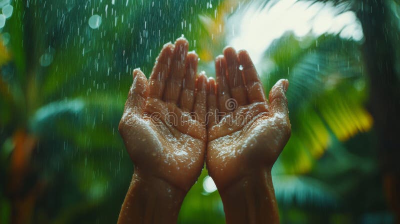 Hands Catching Raindrops in Lush Tropical Rain Stock Illustration ...