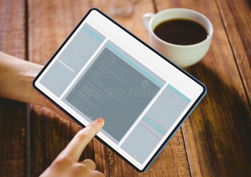 Hands Of Caucasian Female Programmer With Coffee Using Tablet With Coding On Screen Stock Image