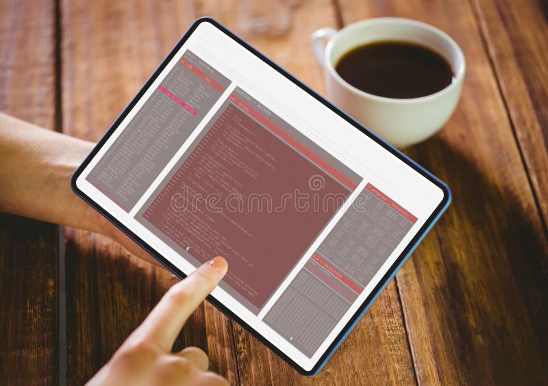 Hands of Caucasian Female Programmer with Coffee Using Tablet with Coding on Screen Stock Photo ...