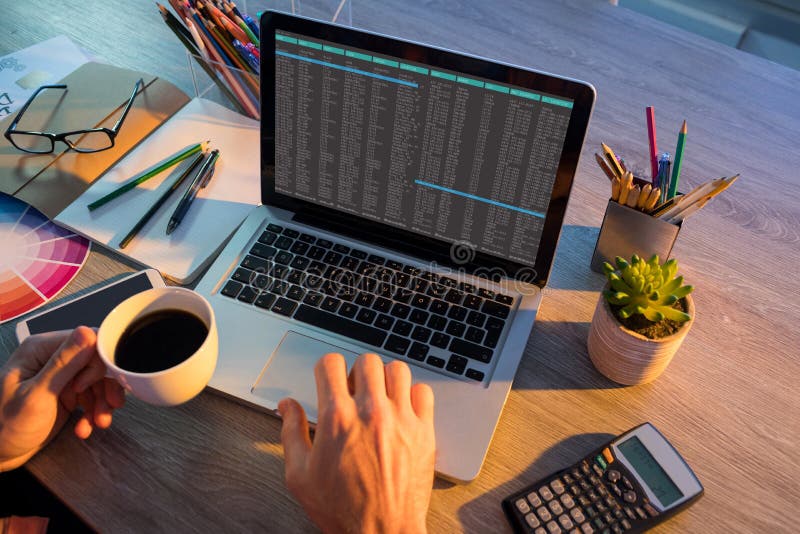 Hands of Caucasian Male Programmer Sitting at Desk and Using Laptop ...