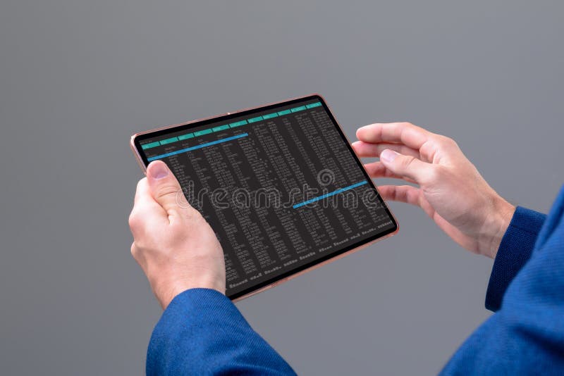 Hands of Caucasian Male Programmer Using Tablet with Coding on Screen ...