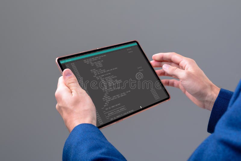 Hands Of Caucasian Male Programmer Using Tablet With Coding On Screen