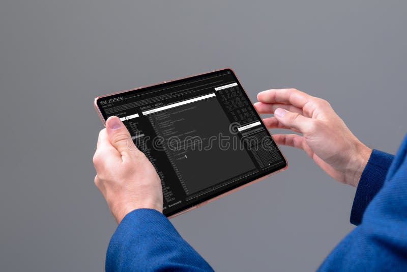 Hands of Caucasian Male Programmer Using Tablet with Coding on Screen Stock Image - Image of ...