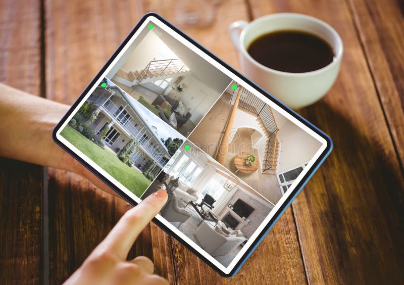Hands of Caucasian Woman Using Tablet with View of Home from Security ...