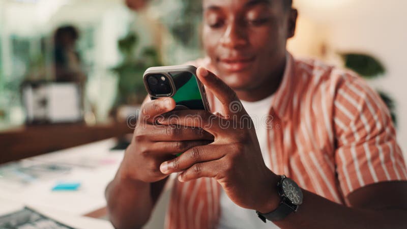 Hands, Cellphone and Black Man in Office with Contact, Communication or ...