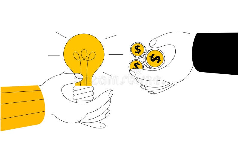 Hands Change Idea into Money. Vector Illustration in Cartoon Linear ...