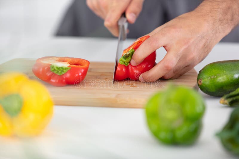Hands Chef Cook Cutting Vegetables on Wooden Table Stock Image - Image ...