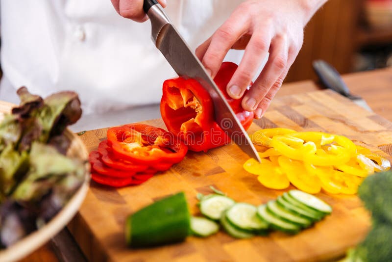 Kitchen Chef, Master Cook Preparing Dinner. Details of Knife Cutting ...
