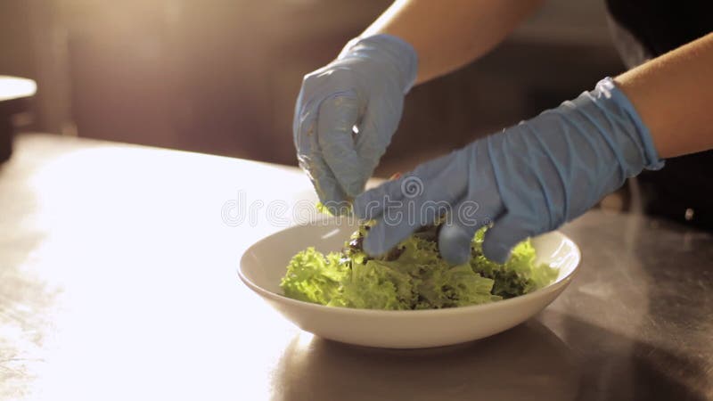 Chef Hands Put The Salad In A Bowl Stock Footage - Video of dieting ...
