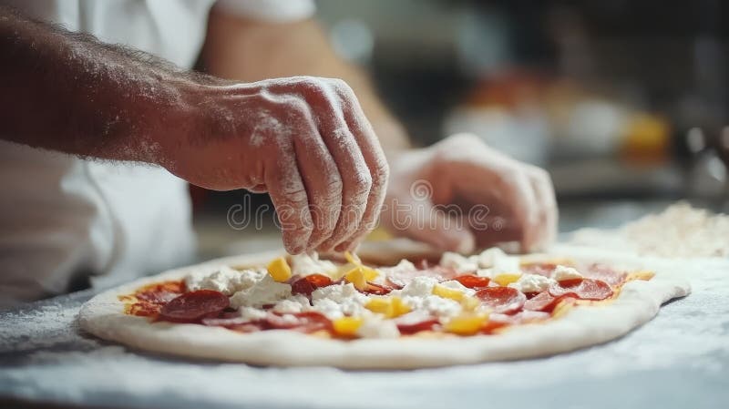 Hands of Chef Placing Fresh Toppings on Pizza Dough before Baking Stock ...