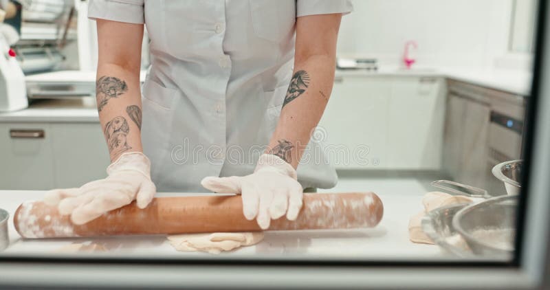 Hands, Chef and Roller with Dough in Restaurant or Bakery Kitchen Table ...