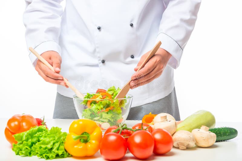 Hands Chef Stirring with a Wooden Spoon Vegetable Salad Stock Image ...
