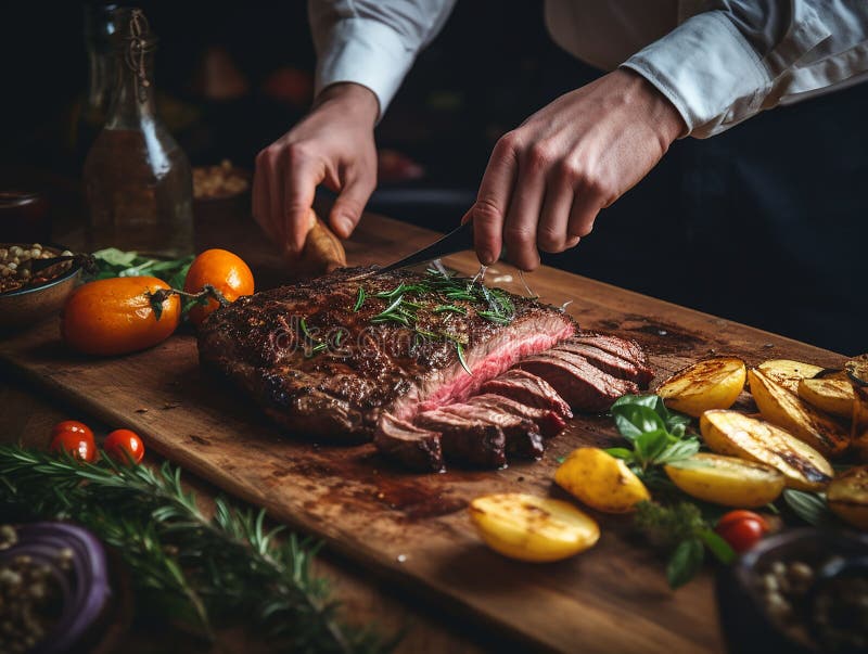 Hands of Shef Placing Cooked Steak on a Table Stock Illustration ...