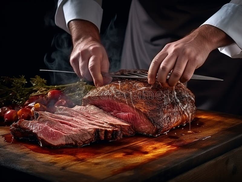 Hands of Shef Placing Cooked Steak on a Table Stock Illustration ...