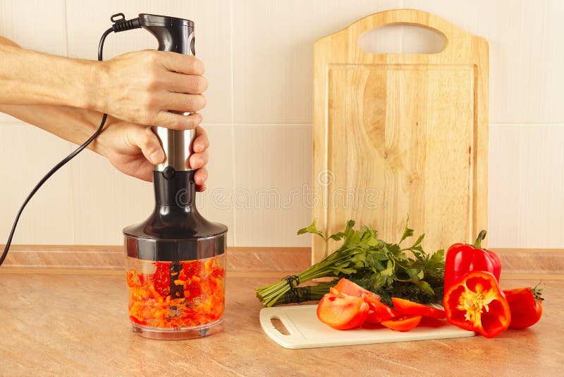 Hands Chefs Chopped Red Pepper in Blender Stock Image - Image of ...