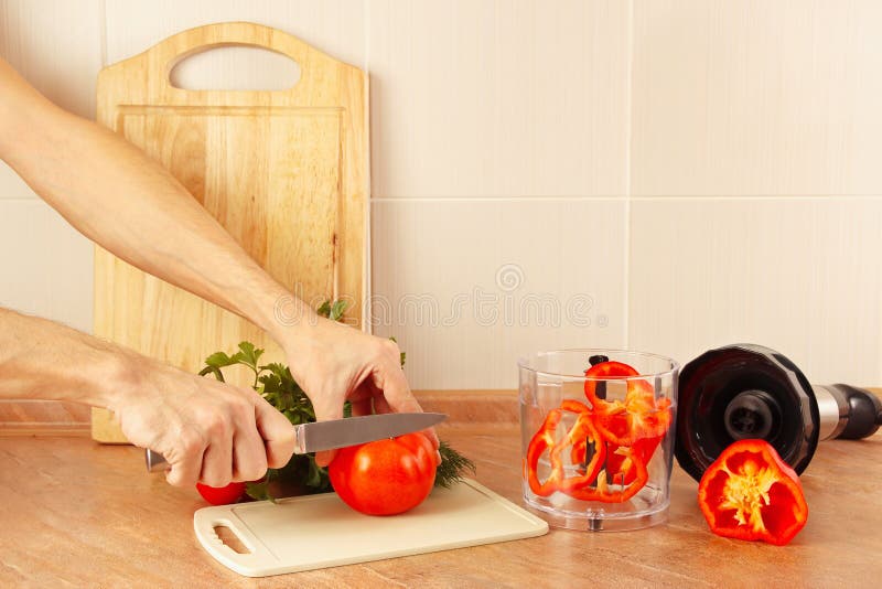 Hands Chefs Cut Red Tomato on Kitchen Table Stock Image - Image of ...