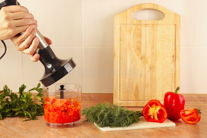 Hands Chefs are Going To Mix Red Pepper and Tomato in Blender Stock ...