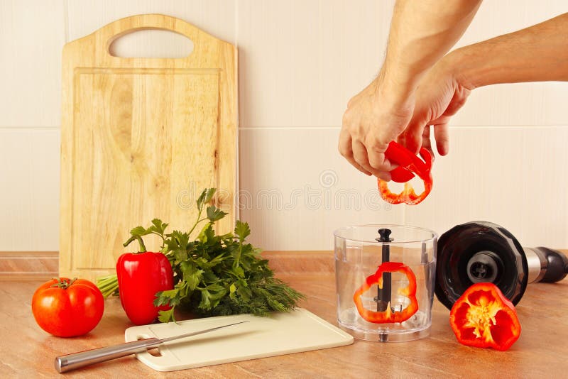 Hands Chefs Put Chopped Red Pepper in Blender Stock Photo - Image of ...