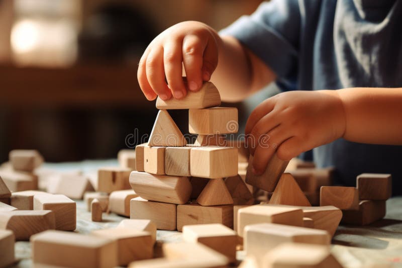 The Hands of a Child Folding a Tower of Beige Wooden Cubes Stock ...