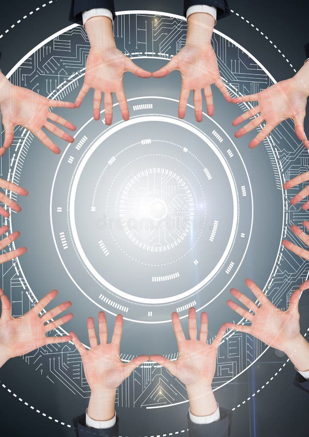 Hands in Circle Around Technology User Interface Stock Image - Image of ...