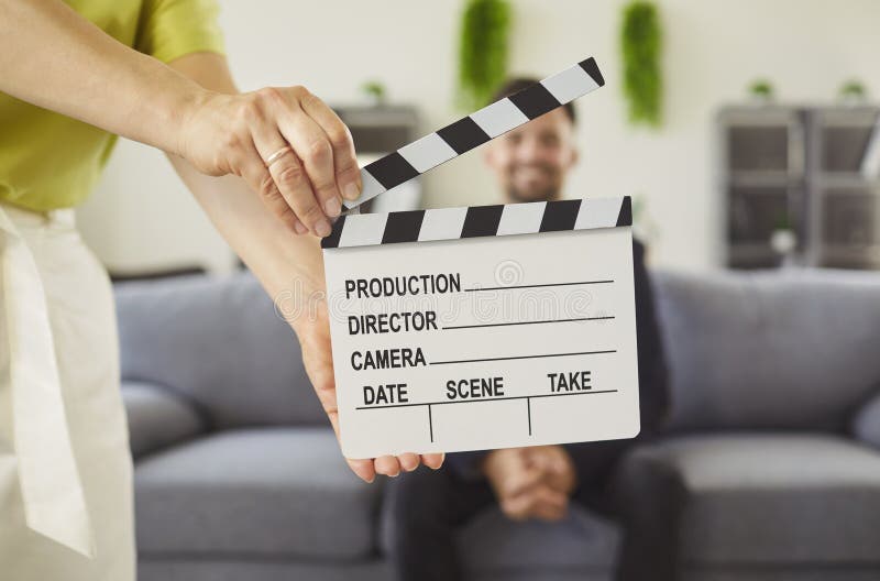 Hands with Clapperboard Clap and Cut Action Scene of Interview and ...