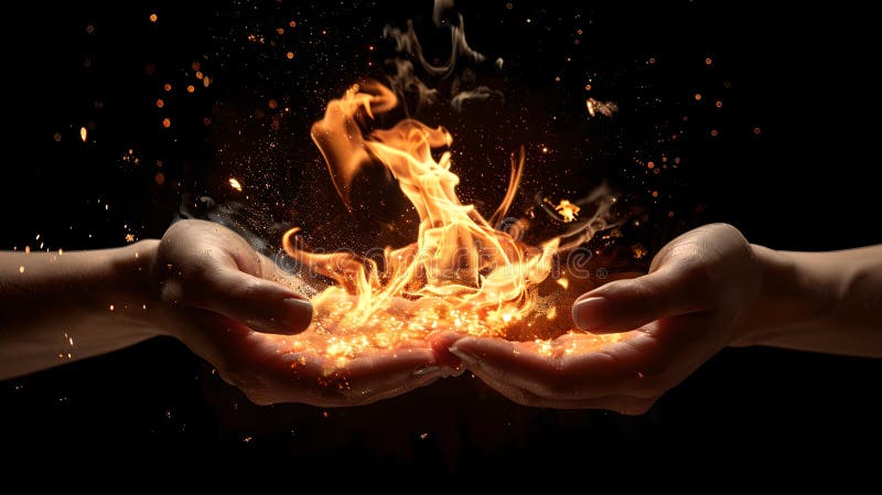 Two Hands Colliding Creating a Burst of Flames, Symbolizing Power and ...