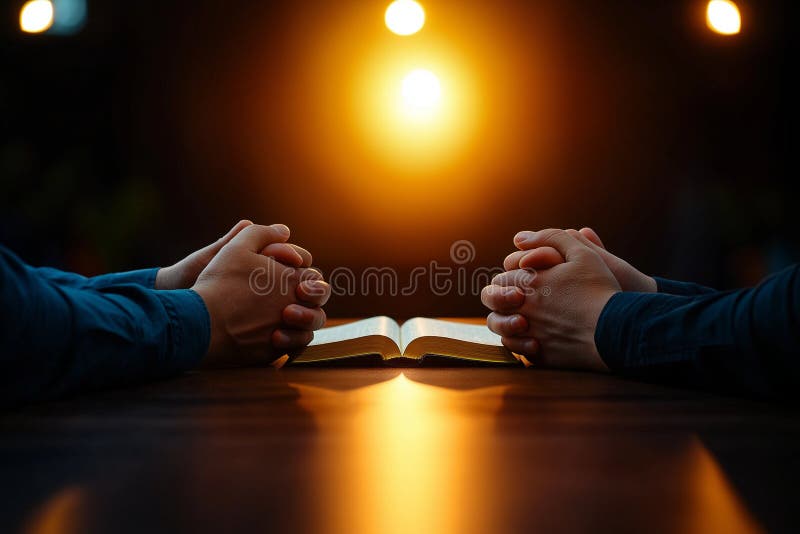 Hands Clasped in Prayer Over Open Bible, Illuminated by Warm Light ...