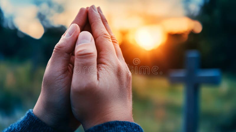 Hands in Prayer Position at Sunset with Cross in Background Reflecting ...