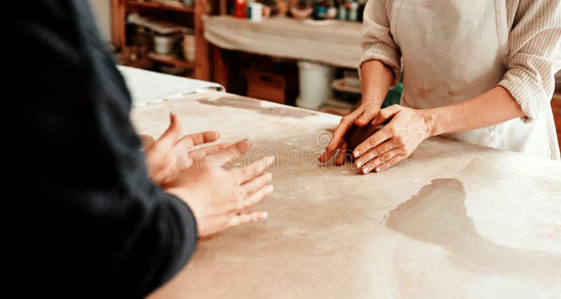 Hands, Clay and Pottery Class in Artist Studio with Design, Mold and ...