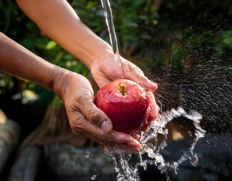Hands Cleaning an Apple with Water Splashing Around Stock Illustration ...