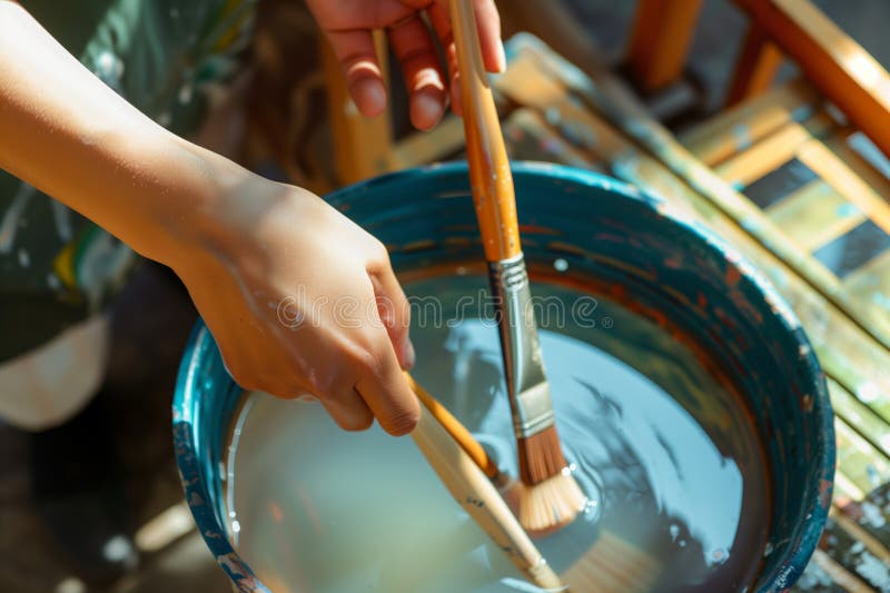 Hands Cleaning Brushes in Bucket of Water after Painting Stock Photo ...