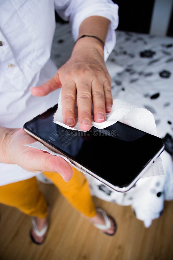 Hands Cleaning a Cellphone Screen Stock Image - Image of isolate, home ...