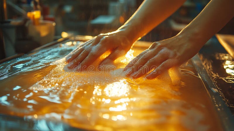 Hands Cleaning Soapy Surface Under Warm Light with Water Foam Stock ...