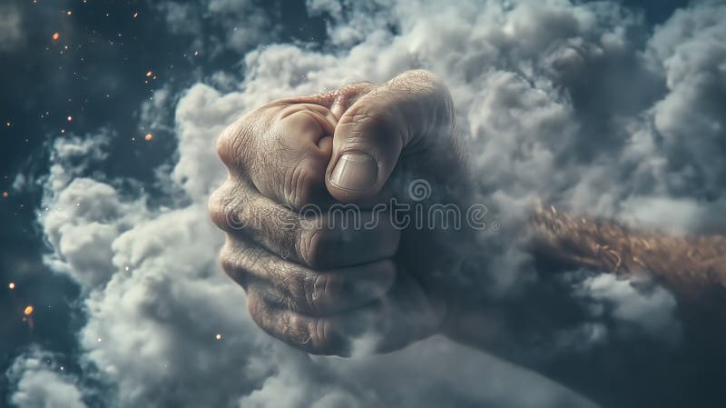 Hands Clenched in Determination, Emerging from Swirling Clouds in a ...