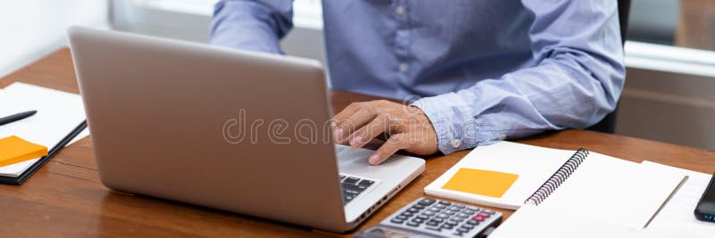 Hands Close Up Freelancer Busy Working on a Laptop Computer on Desktop ...
