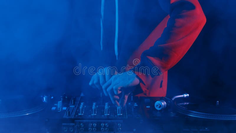 Hands Of Club Dj Playing Hip Hop Music Set Disc Jockey Using Sound