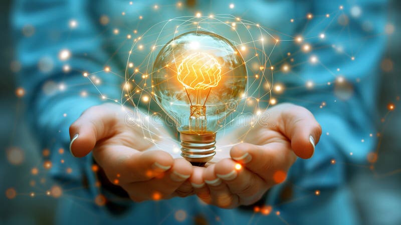 Hands Clutching Glowing Bulb, Innovation in Progress Stock Illustration ...