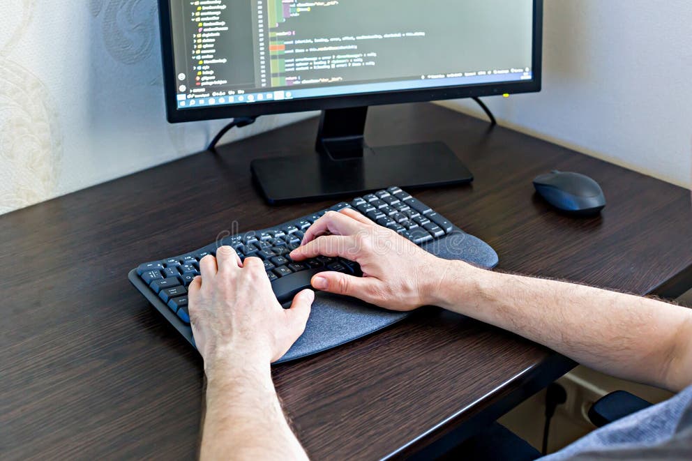 Hands Coding on Desktop Keyboard Stock Photo - Image of interior ...